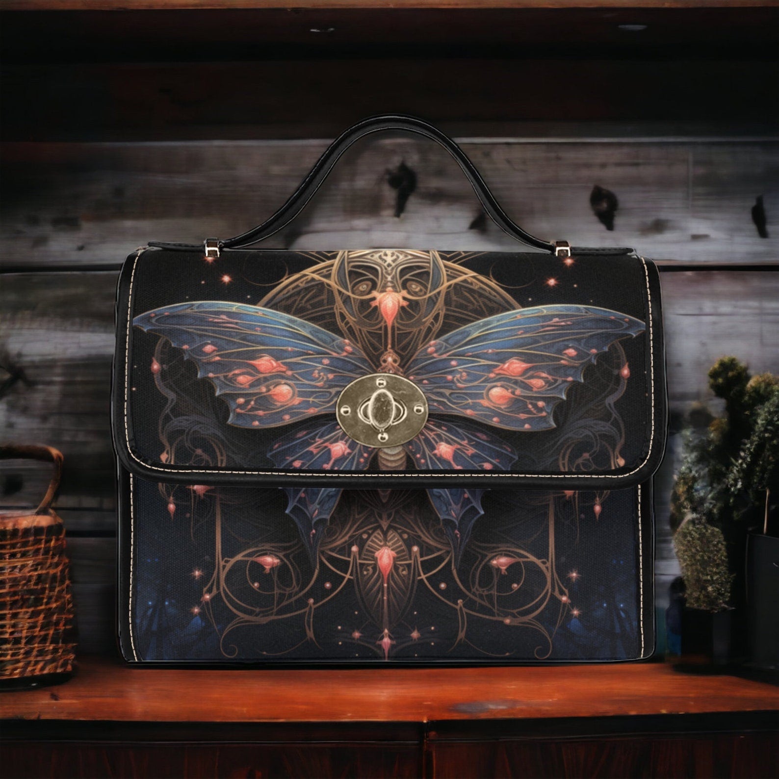 Emerald Blossoms - Cottagecore Moth Forest Green Witch Satchel Bag