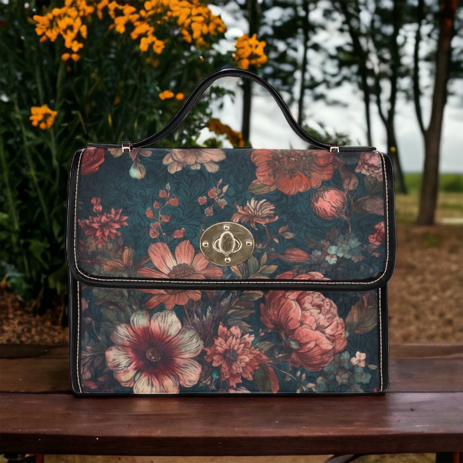 Emerald Blossoms - Cottagecore Peony Witchy Boho Satchel Bag, Art Nouv