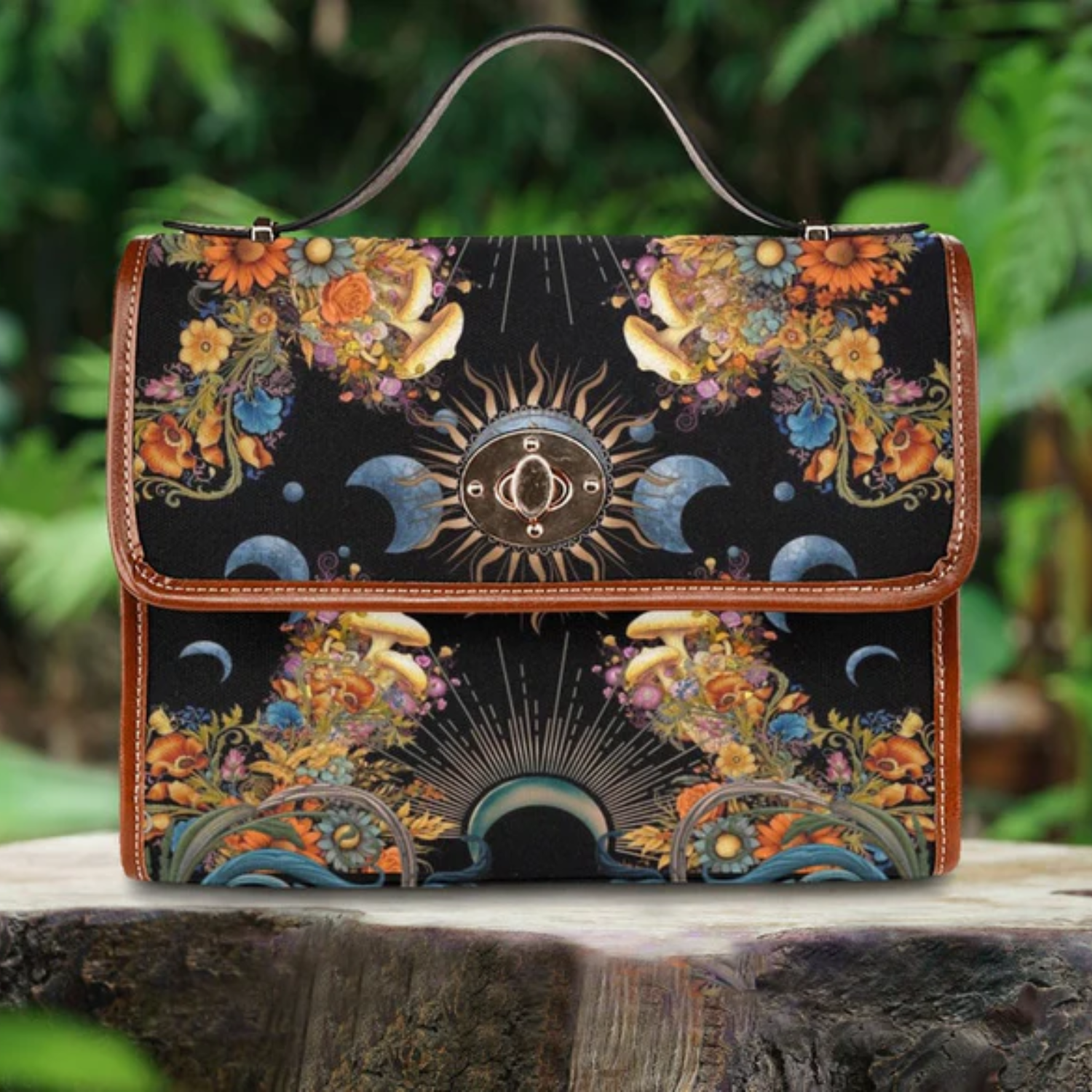 Emerald Blossoms - Cottagecore Whimsical Moon Phase Satchel Bag For Hi