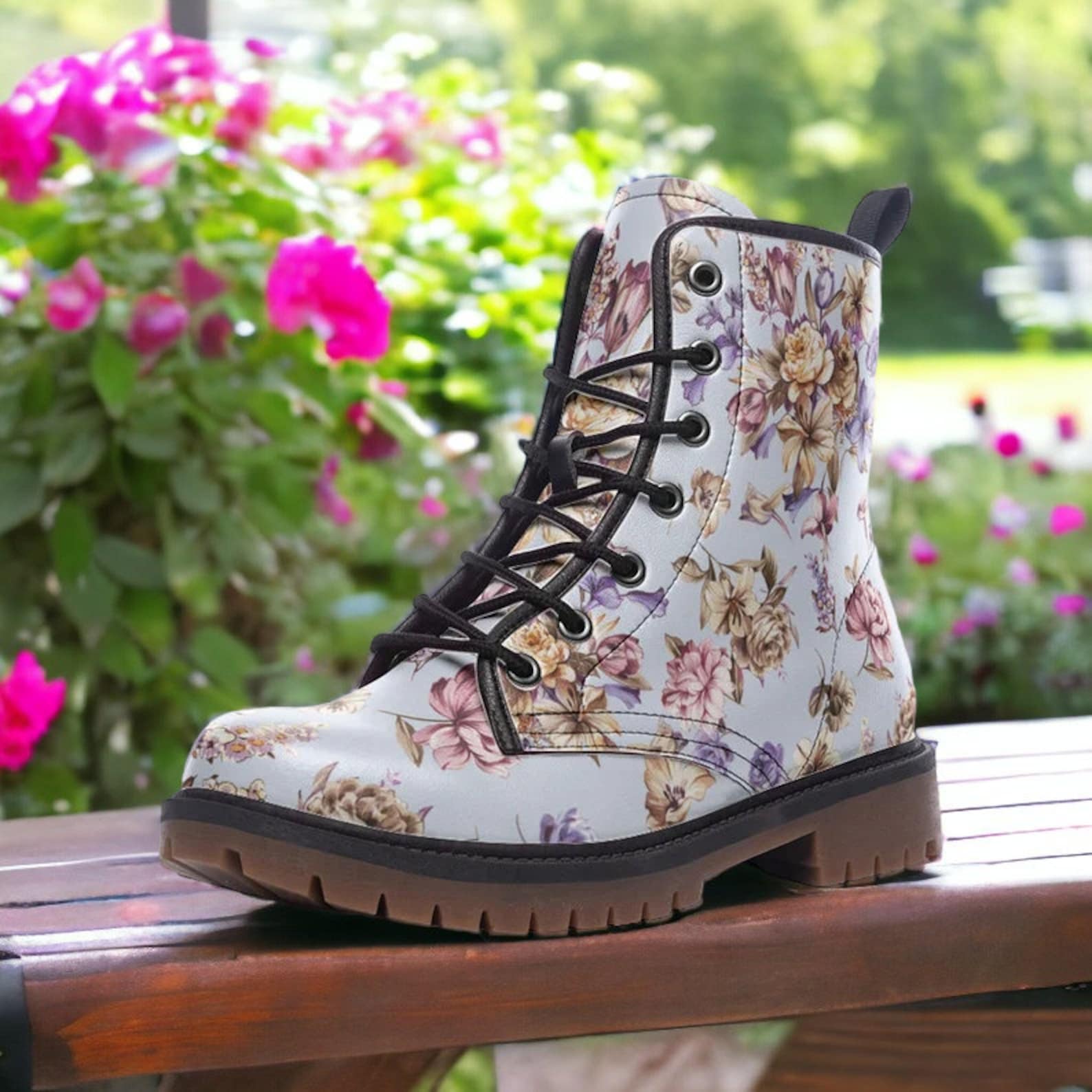 Emerald Blossoms - Cottagecore Floral Vegan Leather Combat Boots For H