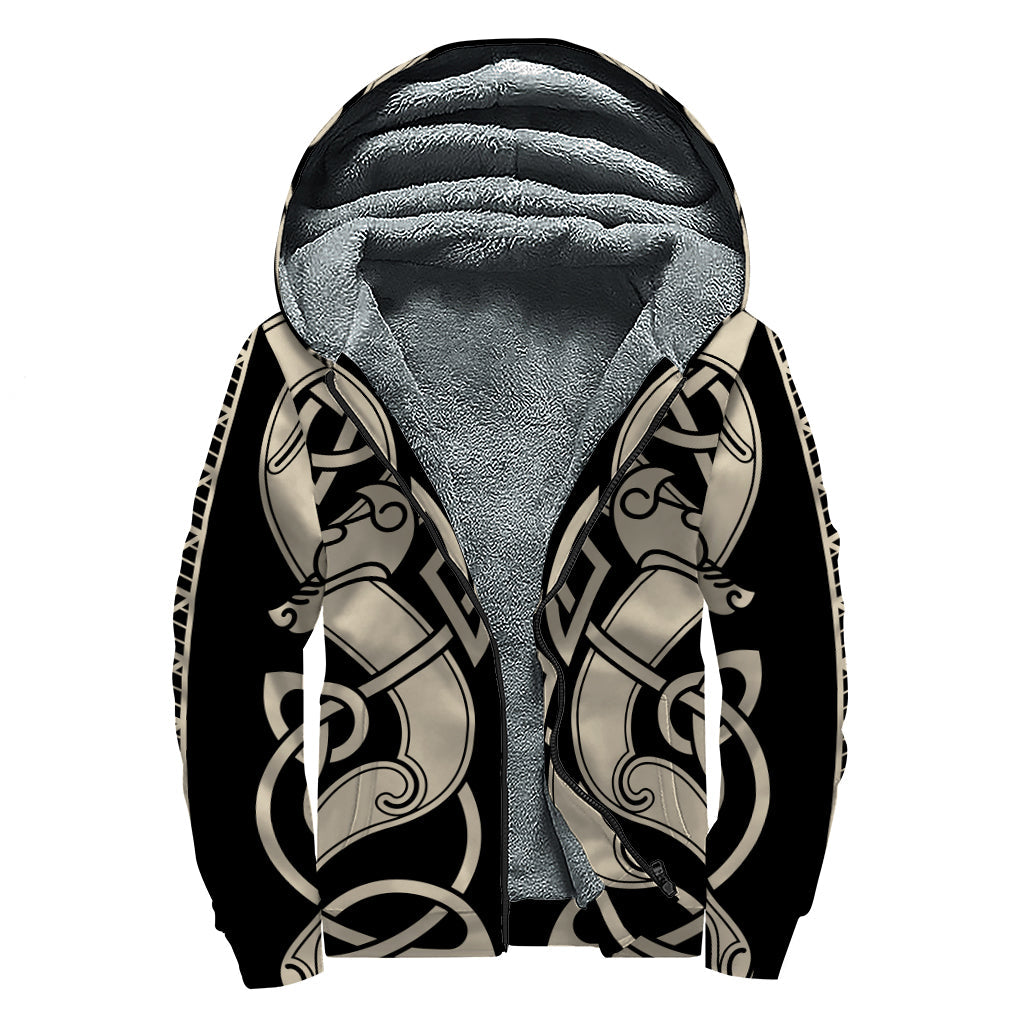 Viking Wolves Symbol Print Sherpa Lined Zip Up Hoodie for Groovy Hippi ...